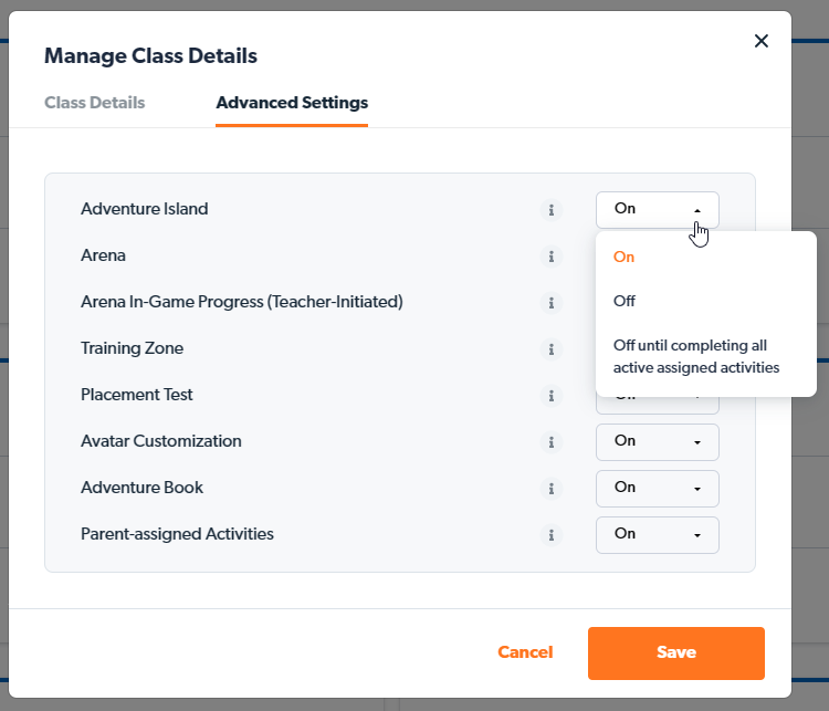 Change advanced settings for a class – Matific Help